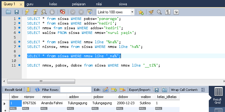 Query SELECT dengan WHERE dan LIKE di MySQL Workbench ~ Digi ZED