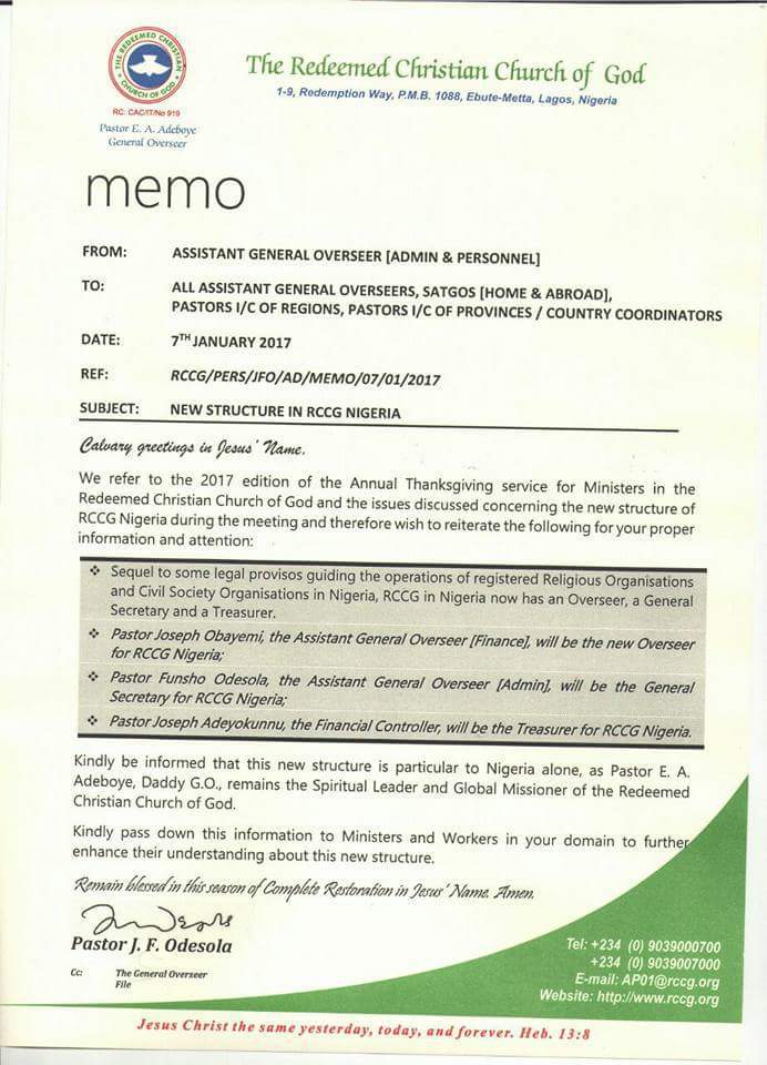 Pastor Adeboye writes Redeemed Church pastors, explains new RCCG ...