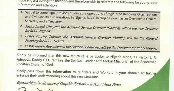 Pastor Adeboye writes Redeemed Church pastors, explains new RCCG ...
