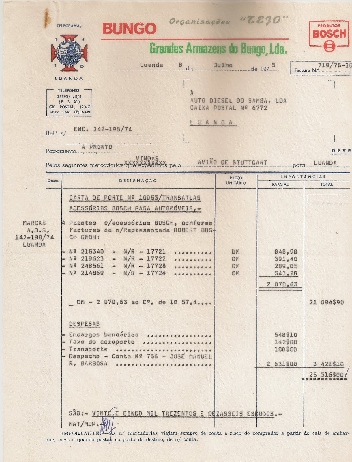 O Sótão dos Colecionadores: FACTURA - ANGOLA DOS GRANDES ARMAZÉNS DO BUNGO.