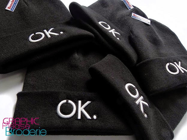 Broderie Graphic Please, marquage sur textile: Bonnets brodés - Logo OK.