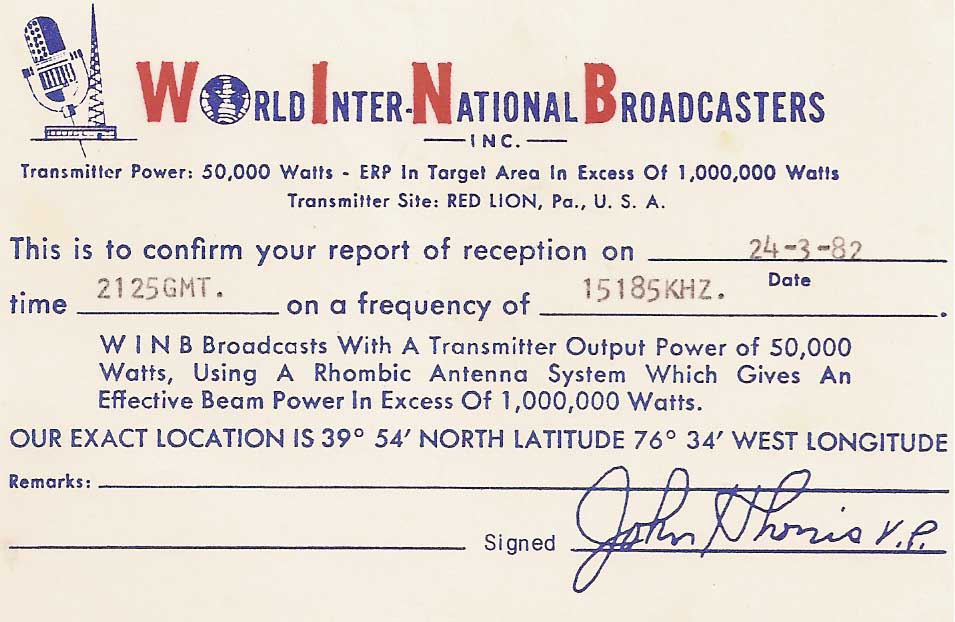 .: EEUU: QSL especial: Radio WINB de Red Lyon, celebra su 50 Aniversario.