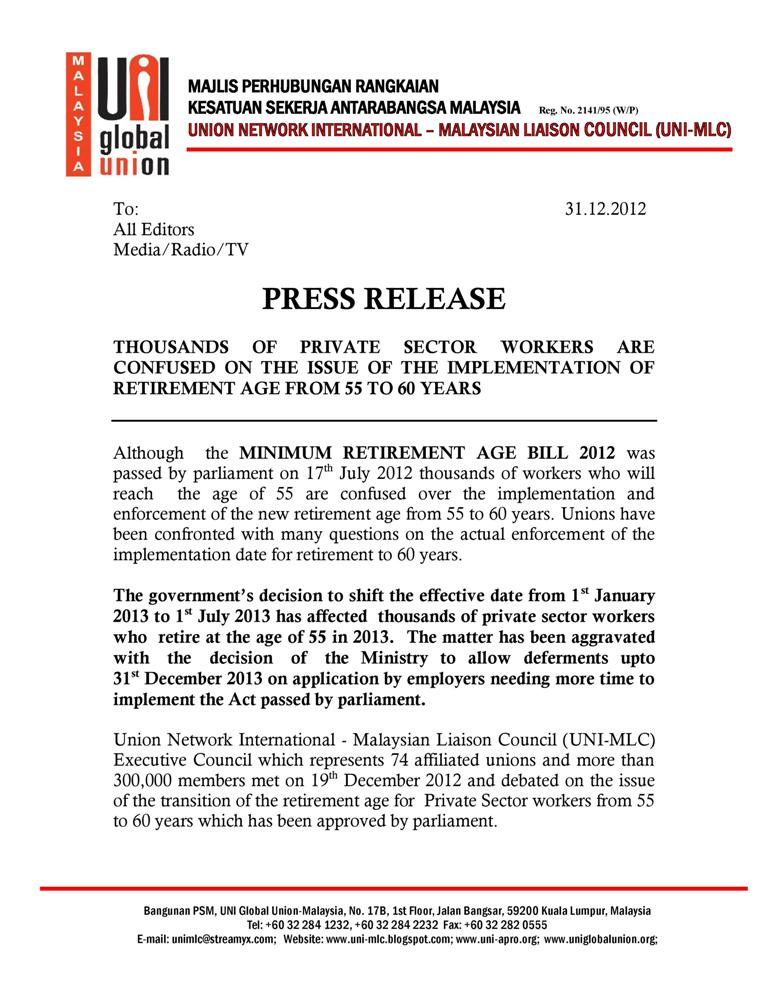 UNI MALAYSIA LABOUR CENTRE: Press Conference - Retirement Age