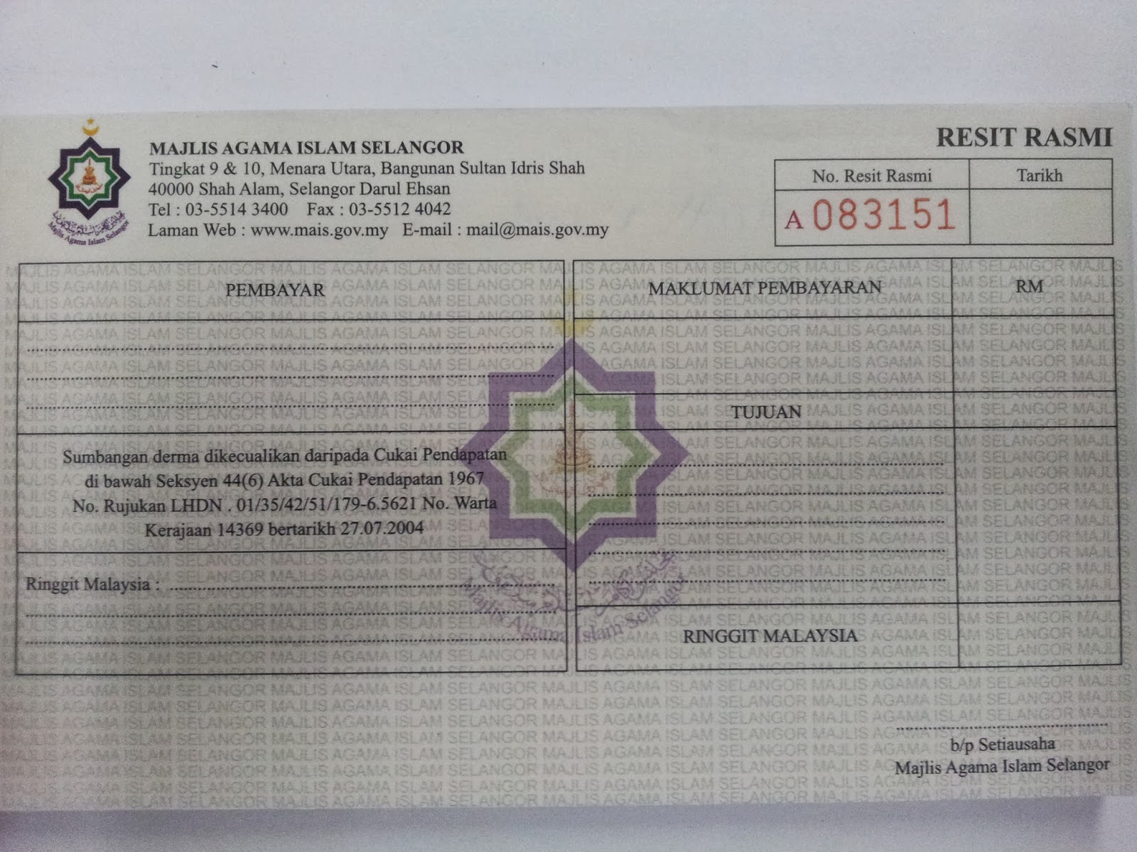 MASJID JAMEK PUCHONG PRIMA: Resit Rasmi Sumbangan Wakaf Masjid Jamek ...