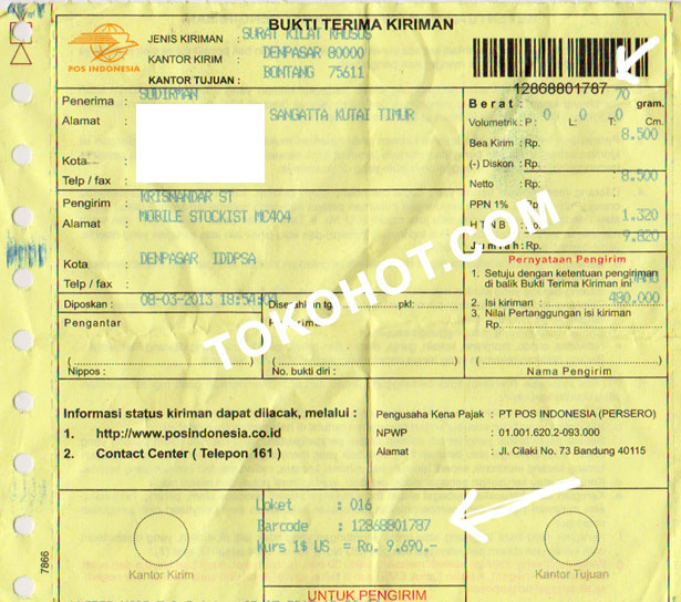 nomor bukti resi pengiriman JNE dan Pos: Resi POS kirim GASA ke ...