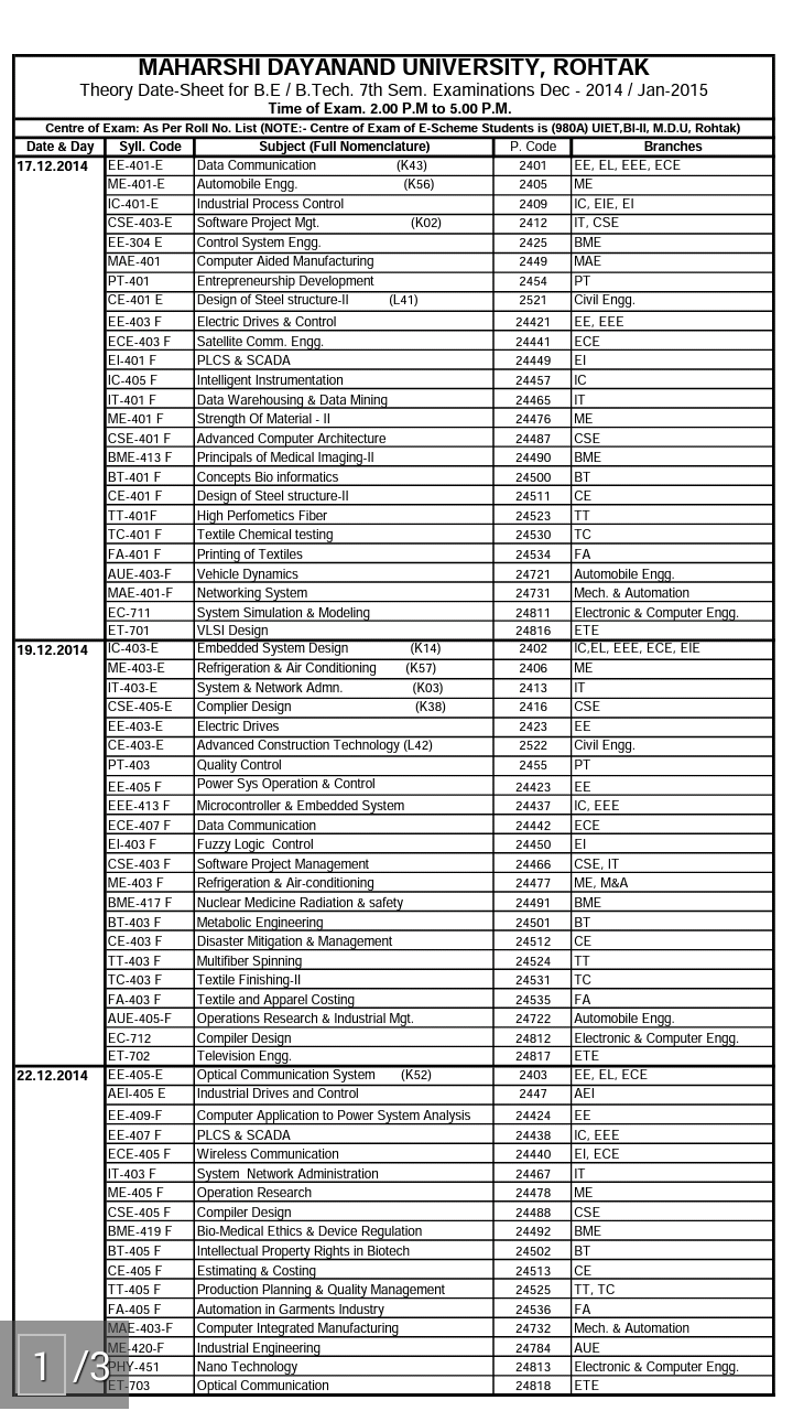Theory Date Sheet MDU B.tech Dec 2014 7th Sem ~ MDU B.TECH CIVIL QUE ...