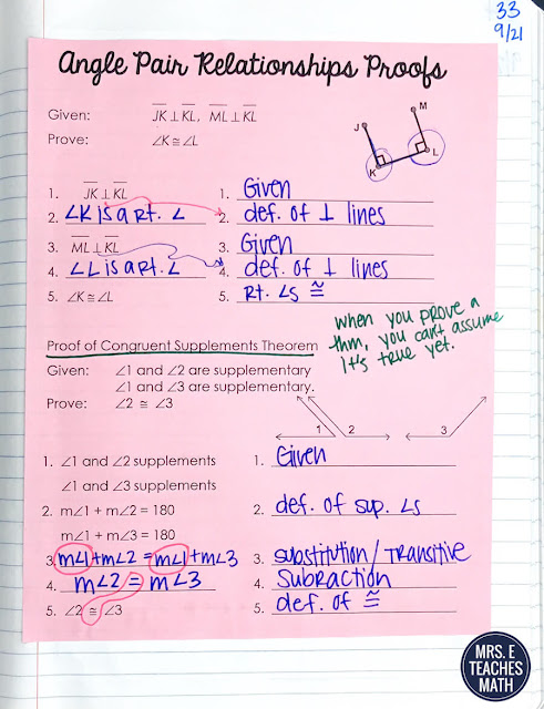 Angle Pair Relationships Proofs INB Pages | Mrs. E Teaches Math