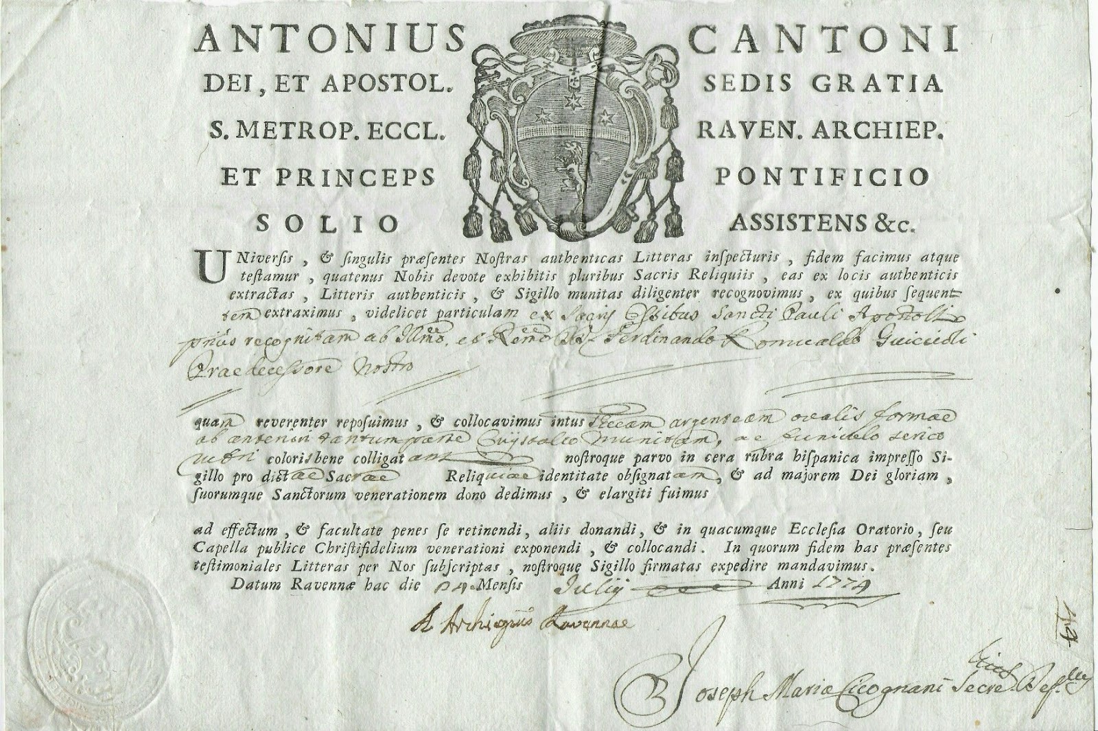 Araldica ecclesiastica: Cantoni, Antonio (1709-1781), vescovo, arcivescovo