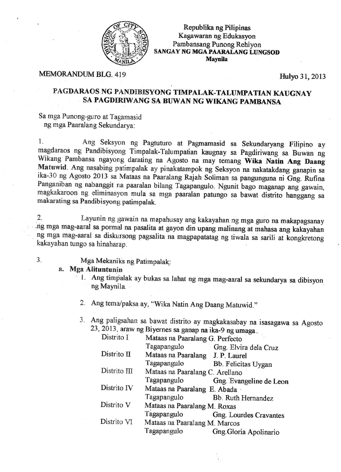 Department of Education Manila: Division Memorandum No. 419 PAGDARAOS ...