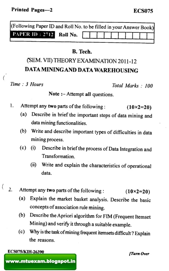 UPTU Exam: Data Mining and Data Warehousing