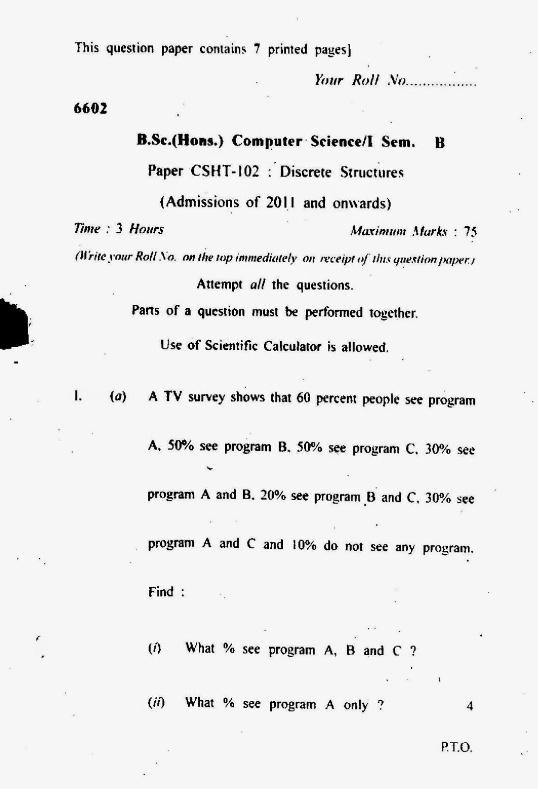 DU CS Lectures: Discrete Structures Question Paper