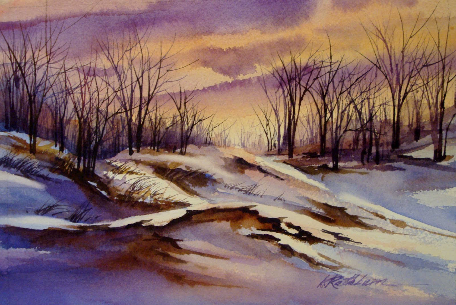 Kathy Los-Rathburn, watercolorist: Winter Dunes at Sunset