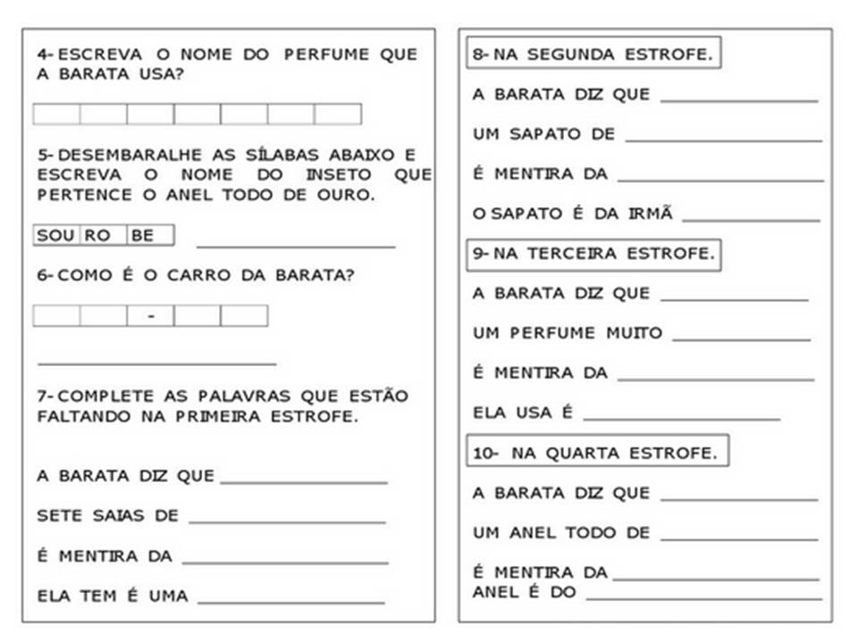 ATIVIDADES COM A MÚSICA - A BARATA ~ Atividade para imprimir