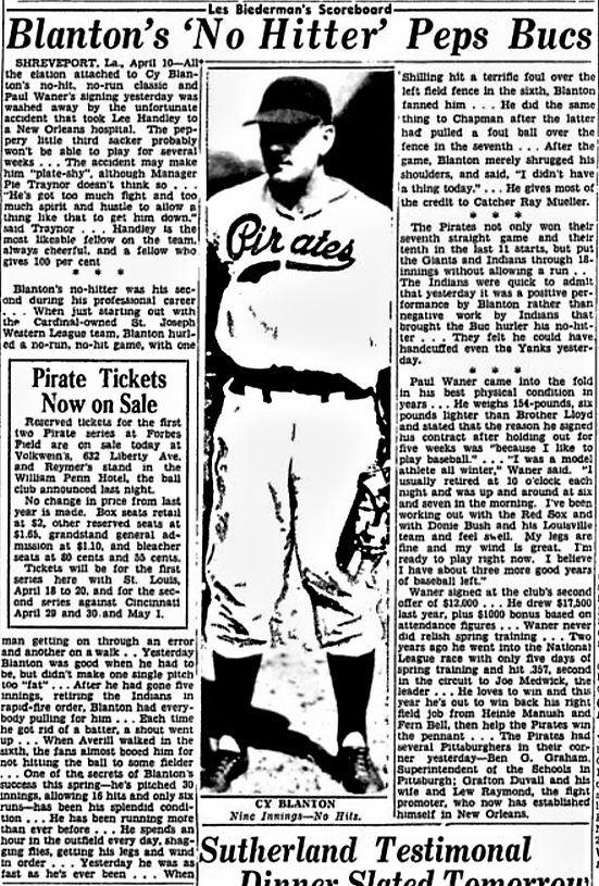 The Green Weenie: 4/9 Forbes Field Era: Grimes Dealt; Waner Signed ...