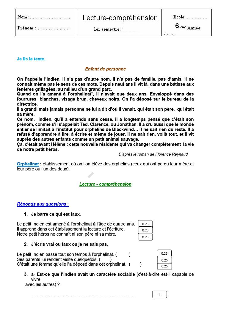 6ème Année/lecture-compréhension /Examen du 1er semestre + correction
