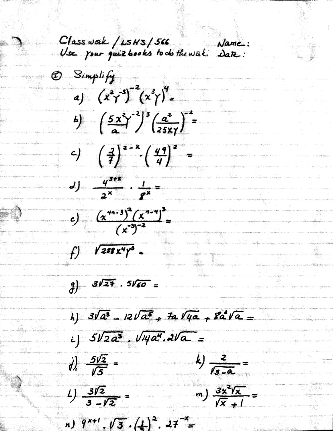 LSHS - MATH: Classwork stencil
