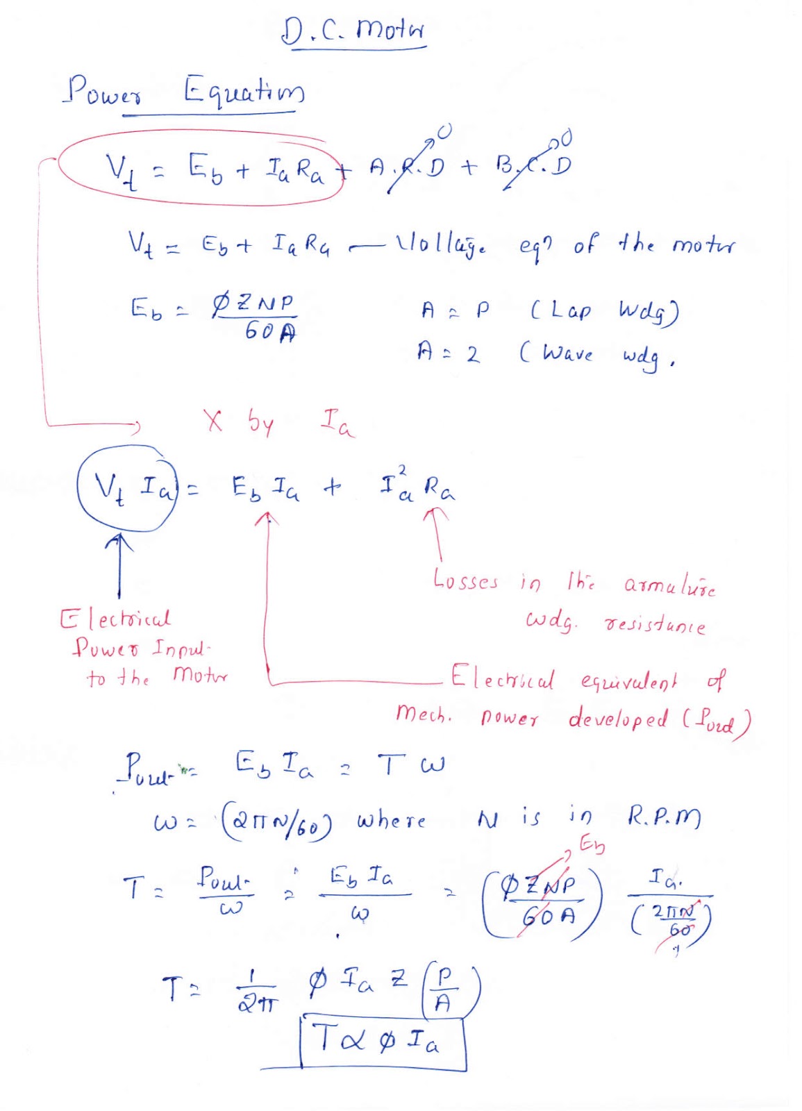 Electrical Circuits & Machines Hand-Written notes: DC Motor