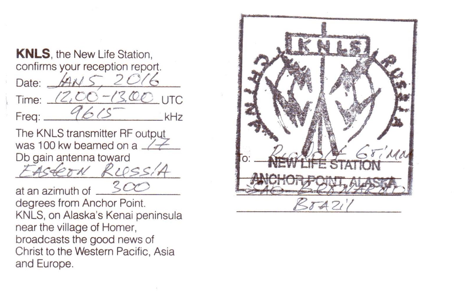 DXways-br: Resposta recebida: 9615 kHz - KNLS, Anchor Point ALASKA