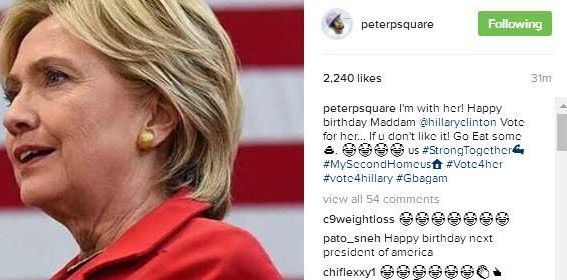 Fans reacts to Peter Okoye's post on Hilary Clinton, Peter claps back