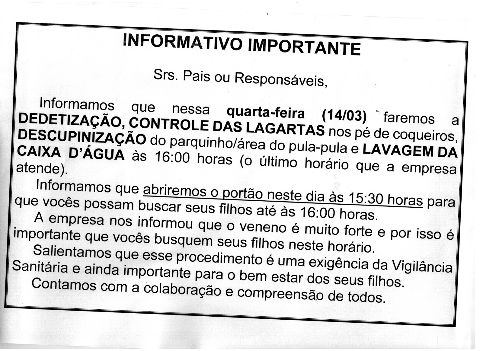 CMEI PROFESSORA ALZIRA DE OLIVEIRA ALVES: INFORMATIVO IMPORTANTE
