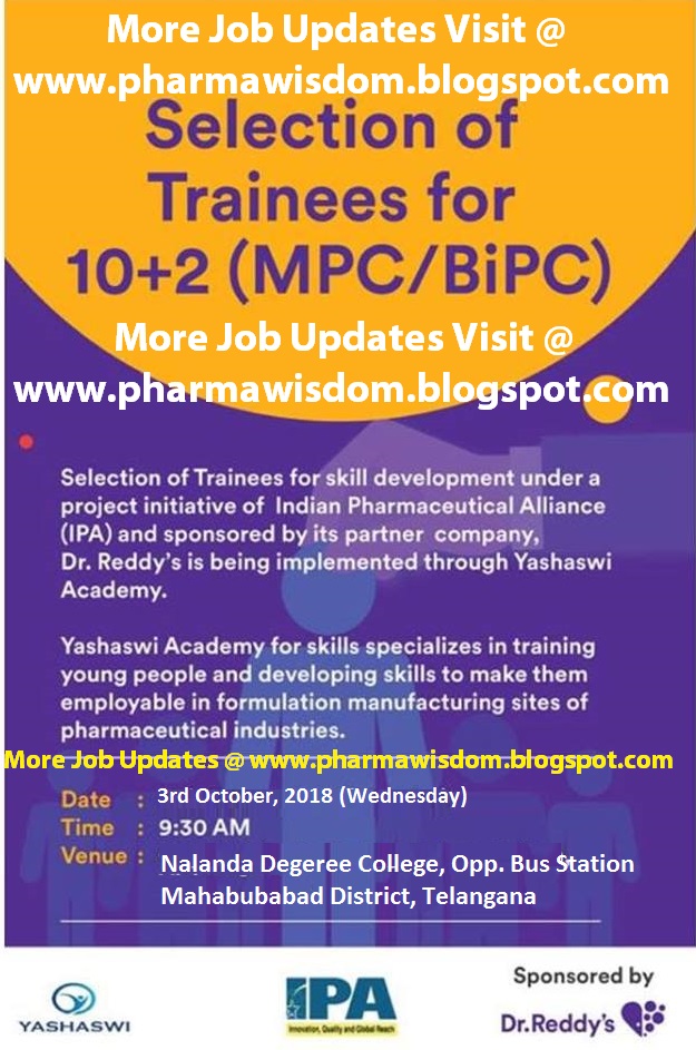 Dr.Reddy's - Selection of Trainees for Intermediate Freshers on 3rd Oct ...