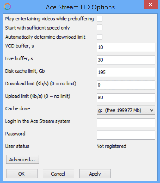 AceStream settings for streaming - live