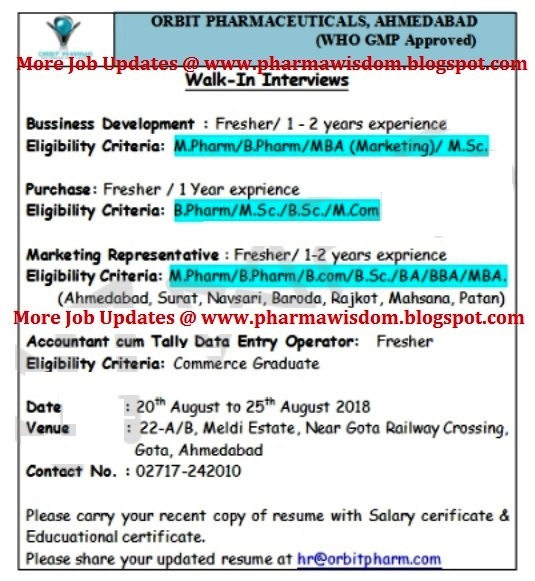 Orbit Pharmaceuticals - Walk-In Interview for Freshers & Experienced ...