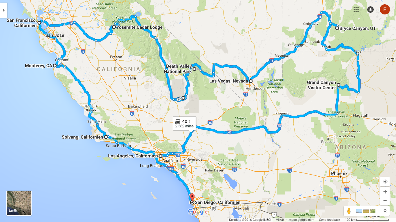 USA Vestkyst 2016: Den færdige rute