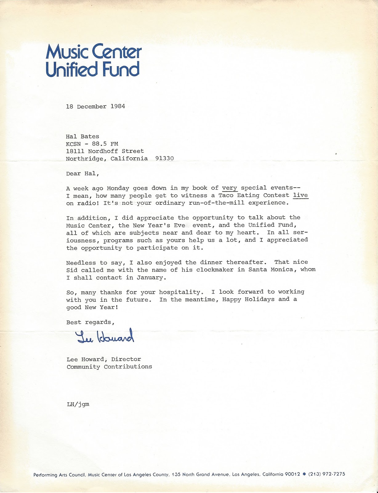 Hal Bates And Famous People: TO HAL BATES FROM LEE HOWARD OF THE MUSIC ...