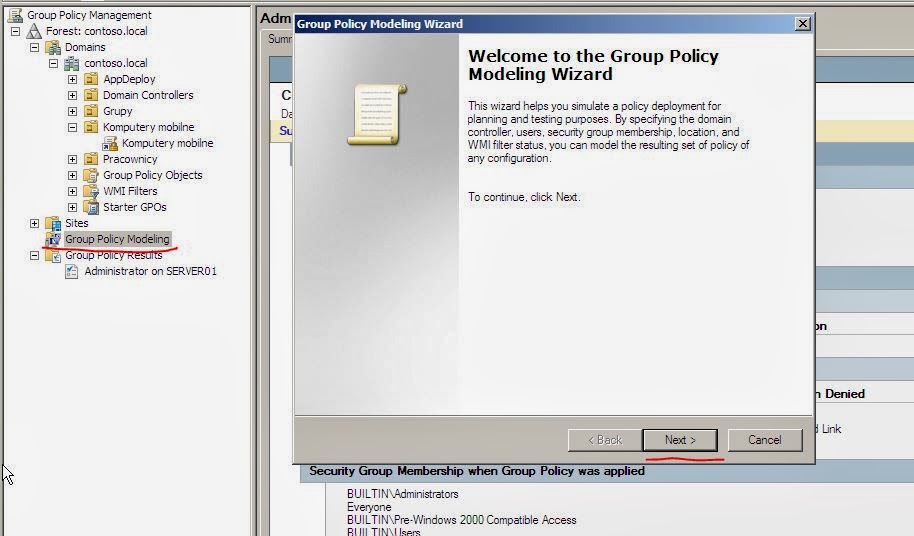 Windows 2008 Serwer -Śledzenie wyników zasad grup -Group Policy Result ...