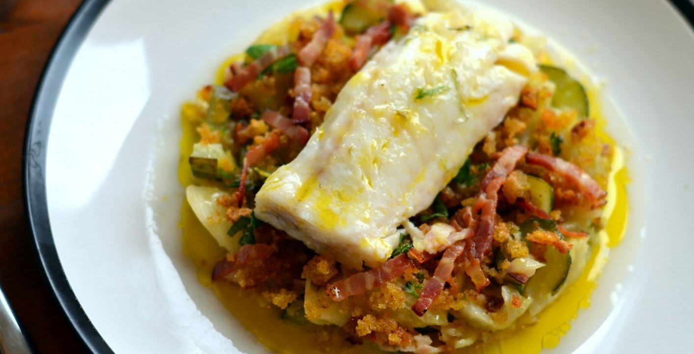 Braised fennel and cucumber with sourdough crumbs, smoked pancetta and ...