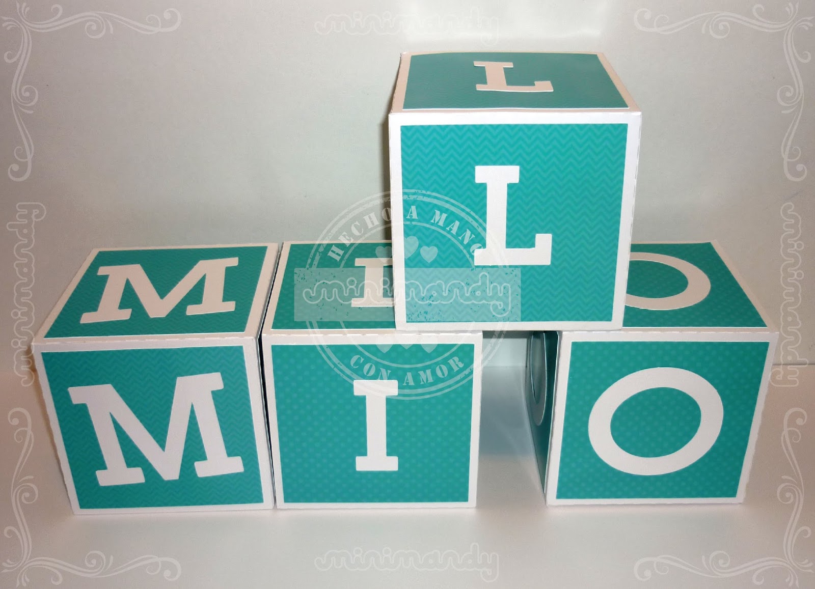 MinimandySign: Cubos de papel con letras. Baby Shower