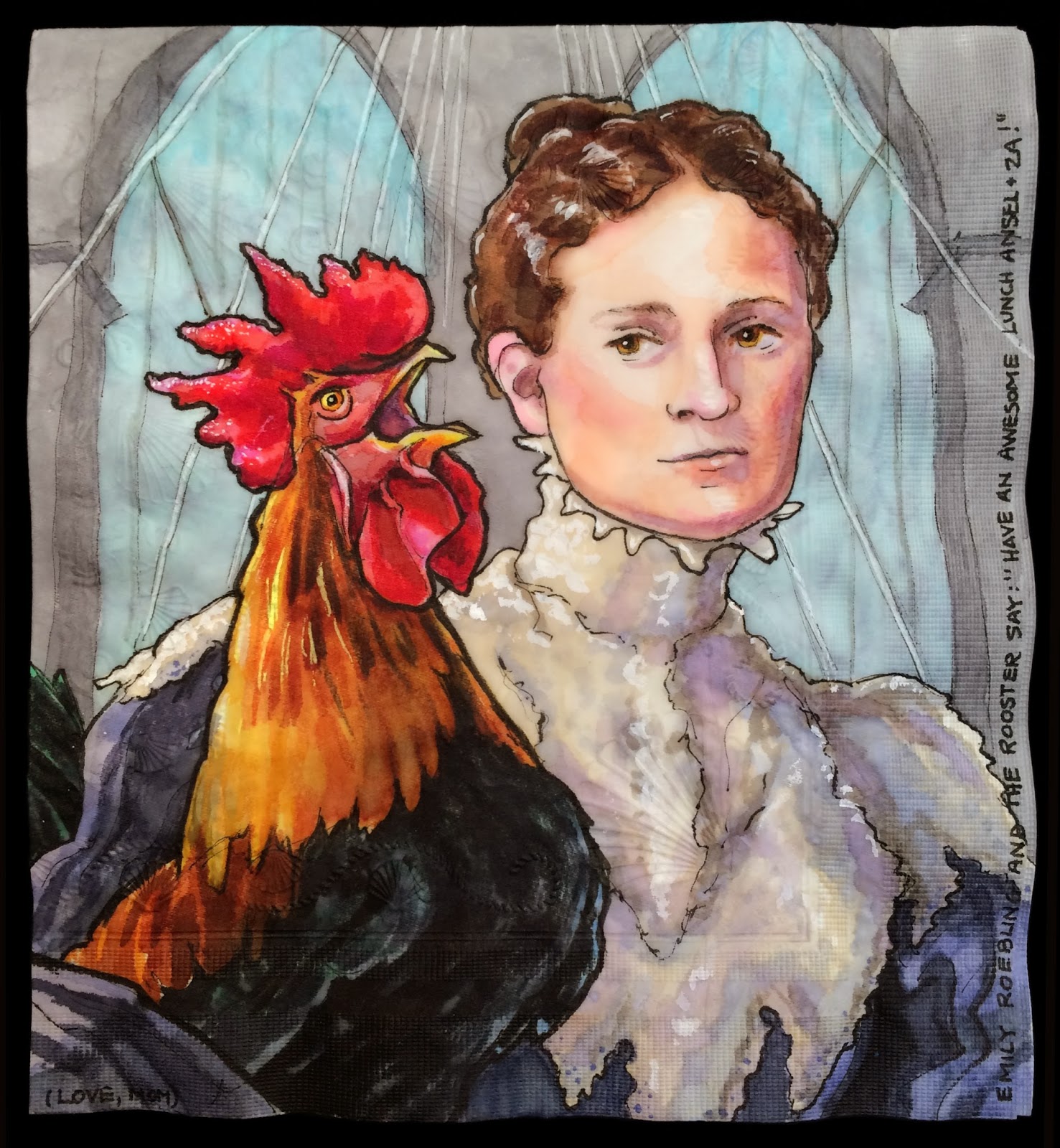 Daily Napkins: Emily Warren Roebling with Rooster on Brooklyn Bridge