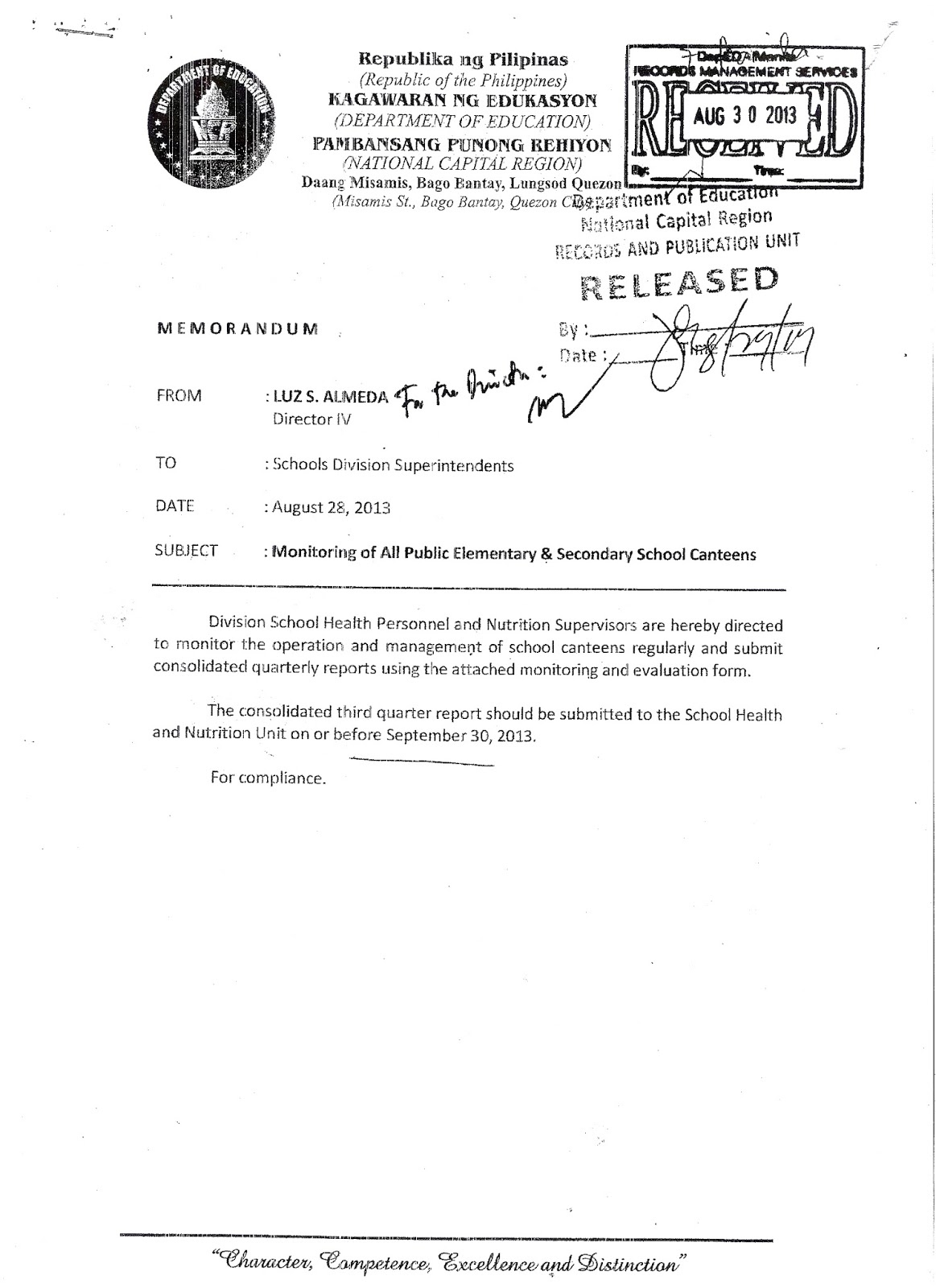 Department of Education Manila: Division Memorandum No. 510 MONITORING ...