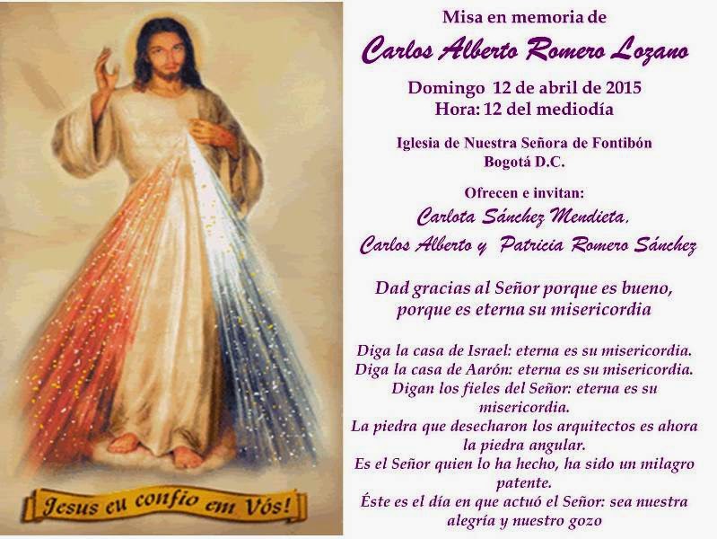 CREARC: Invitación Misa Mes 8 en memoria de Carlos Alberto Romero Lozano