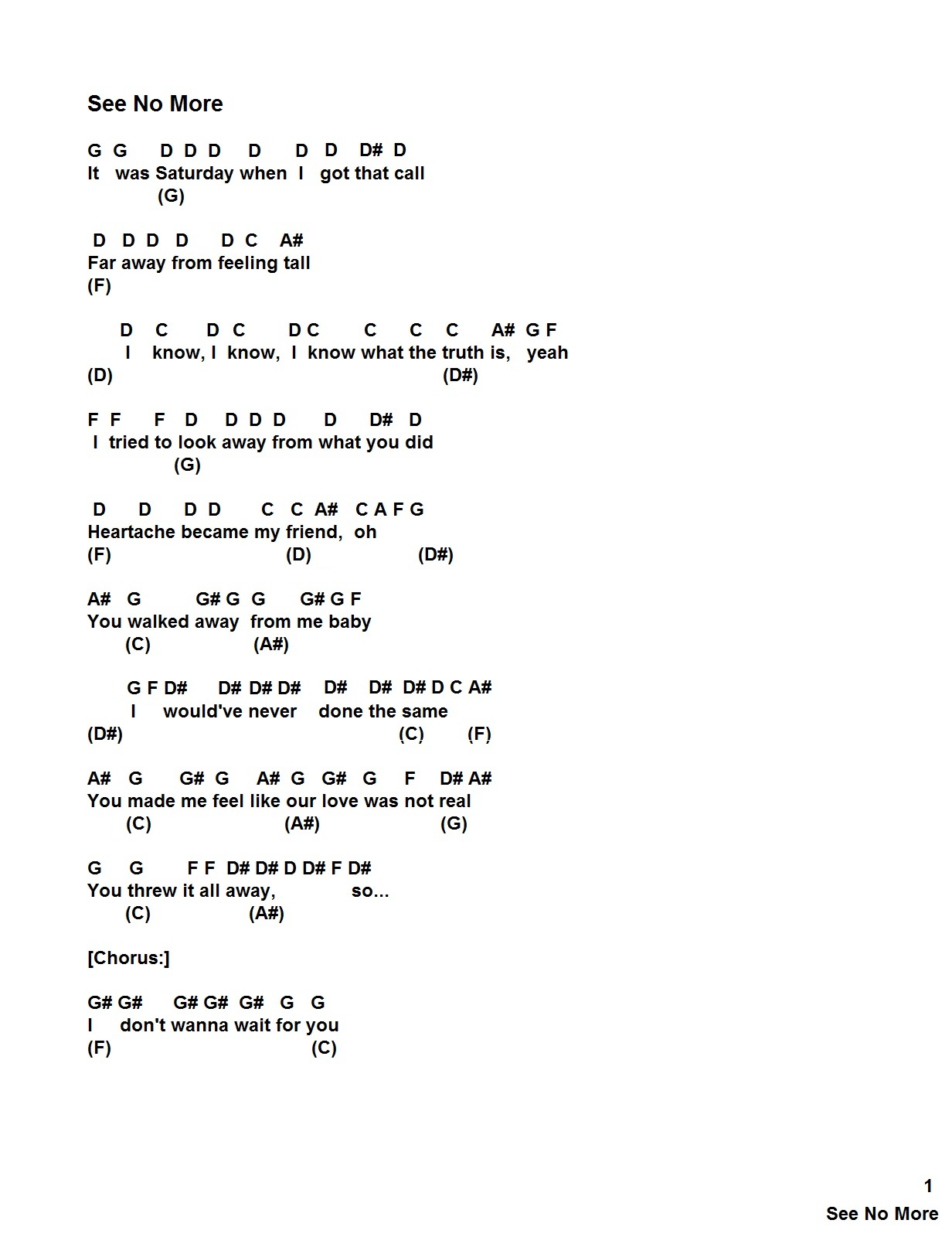 Piano Notes: See No More Piano Notes