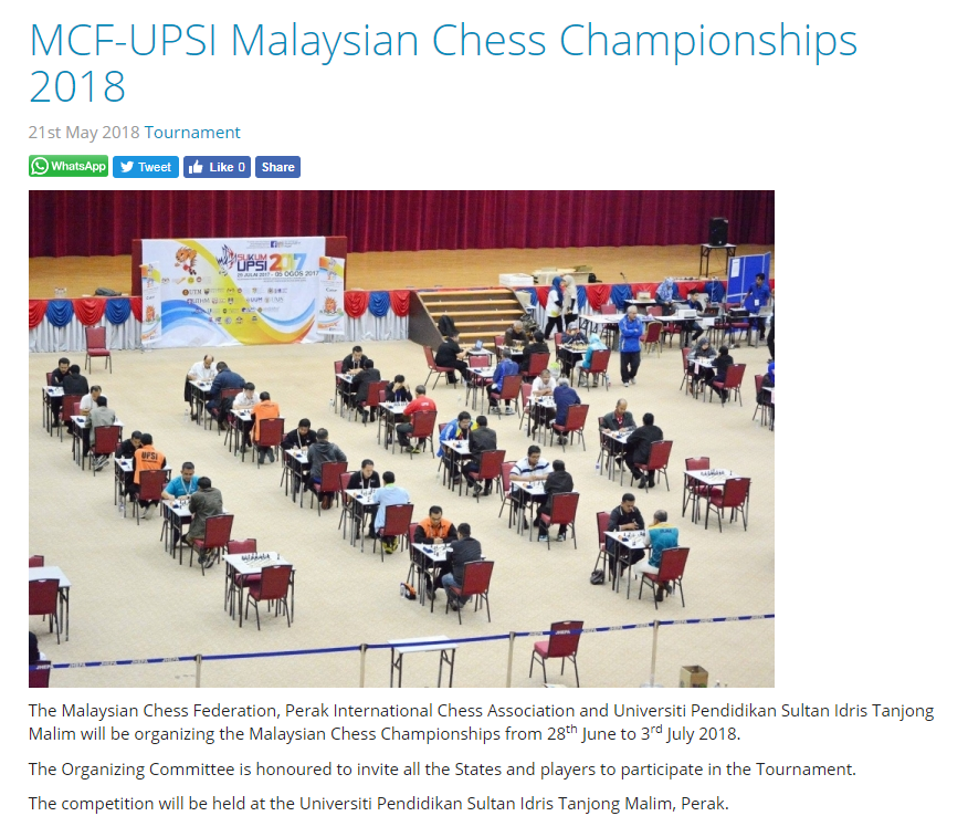 CHESS COMMUNITY MALAYSIA: MCF-UPSI MALAYSIAN CHESS CHAMPIONSHIP 2018