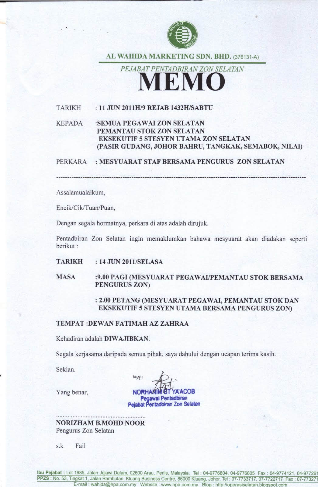 PEJABAT OPERASI ZON SELATAN: Memo Mesyuarat