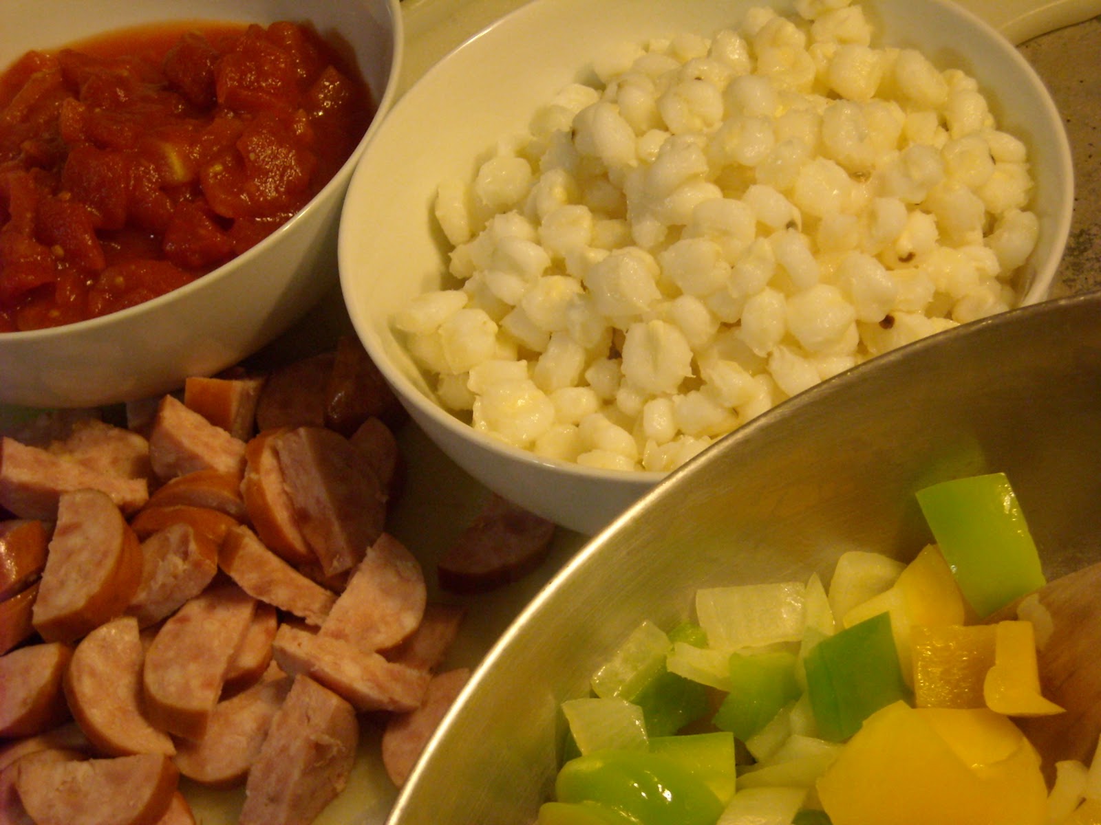 Mind Your Belly: Hominy with Onions, Peppers and Smoked Sausage