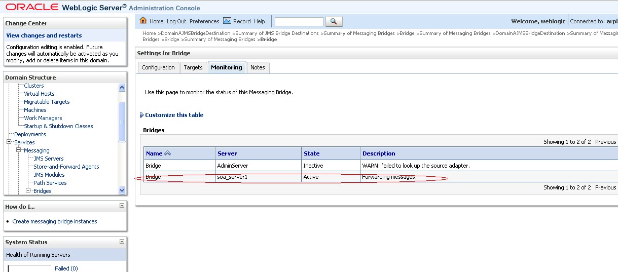Learning SOA: Configure Message bridge in Weblogic server(SOA Suite)