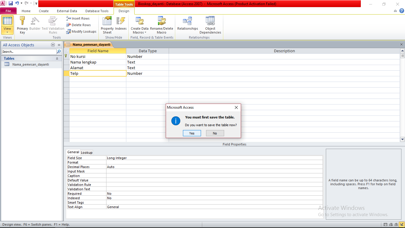MEMBUAT DATABASE BIOSKOP DI MICROSOFT ACCESS