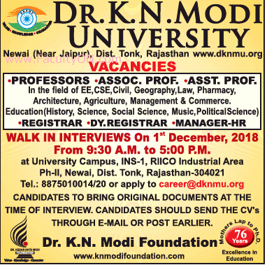 Dr.K.N.Modi University, Rajasthan, Wanted Teaching Faculty Plus Non ...
