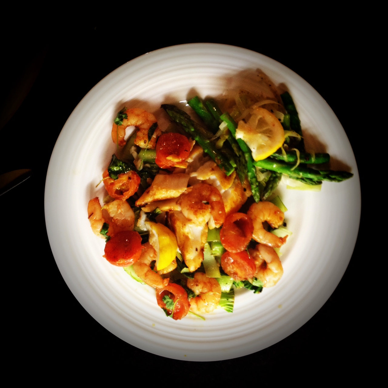 Richness: Jerk Fish & Shrimp with Gingered Pak Choi and Asparagus