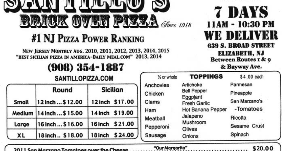 Santillo's Brick Oven Pizza 908-354-1887 ELIZABETH,NJ: Menu