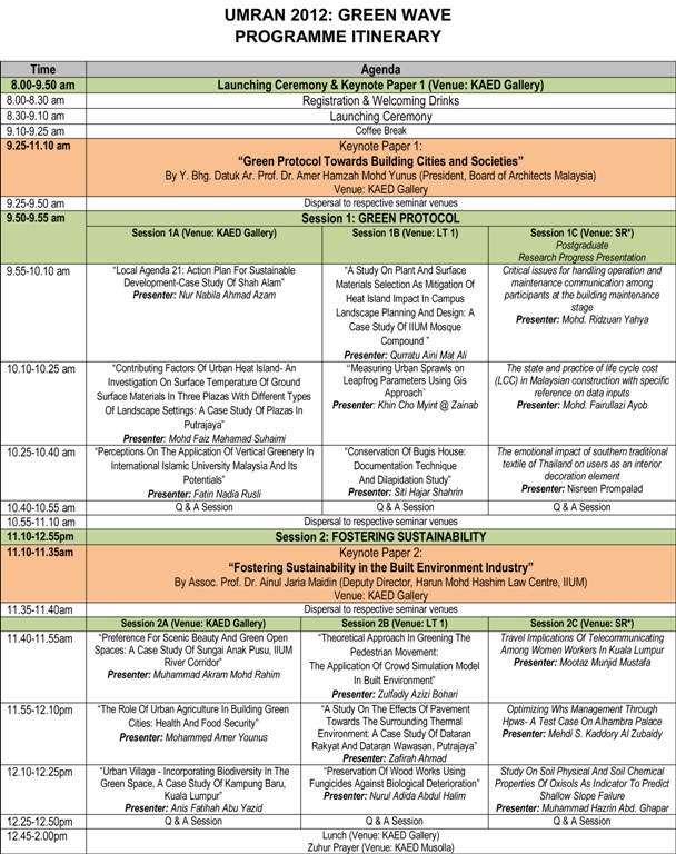 UMRAN2012 programme itinerary ~ UMRAN 2012 : GREEN WAVE