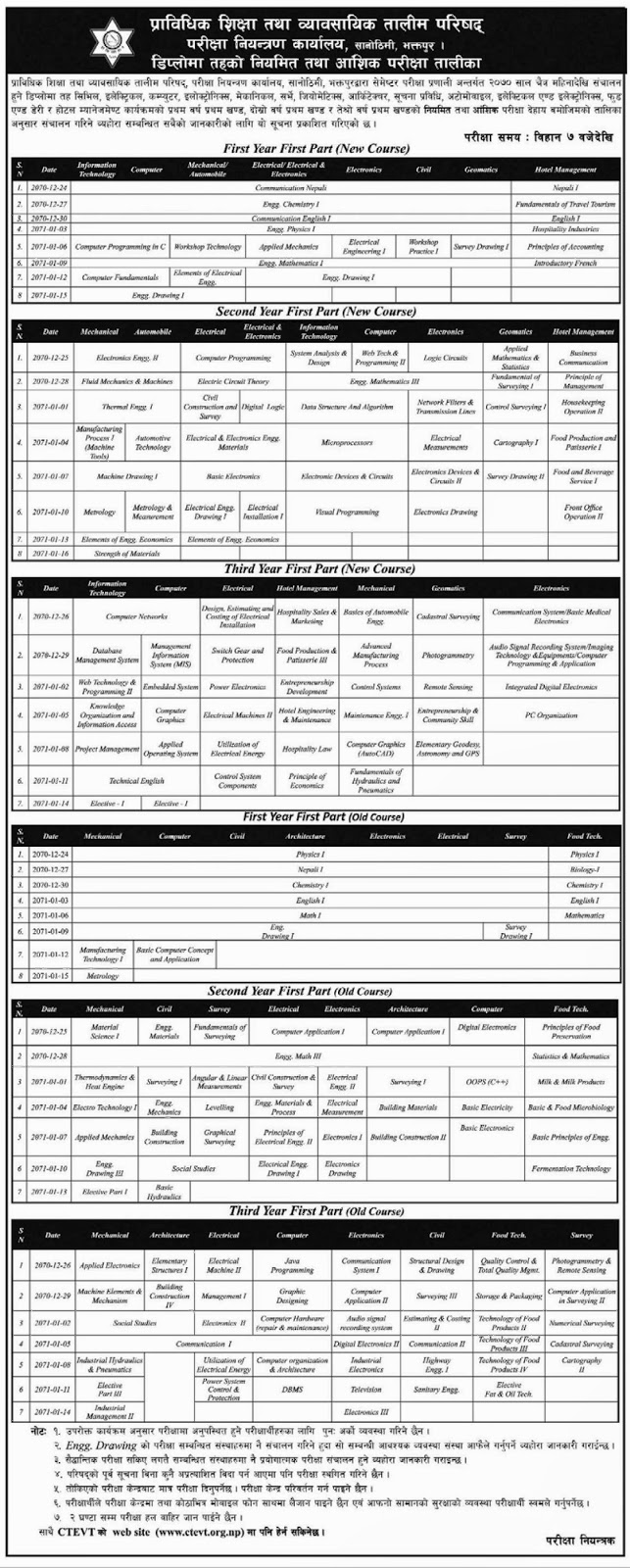 CTEVT Diploma level course Examination Schedule