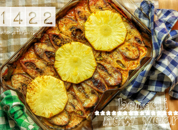 Food: baked hilsha with pineapple [boishakhi anarosh ilish]