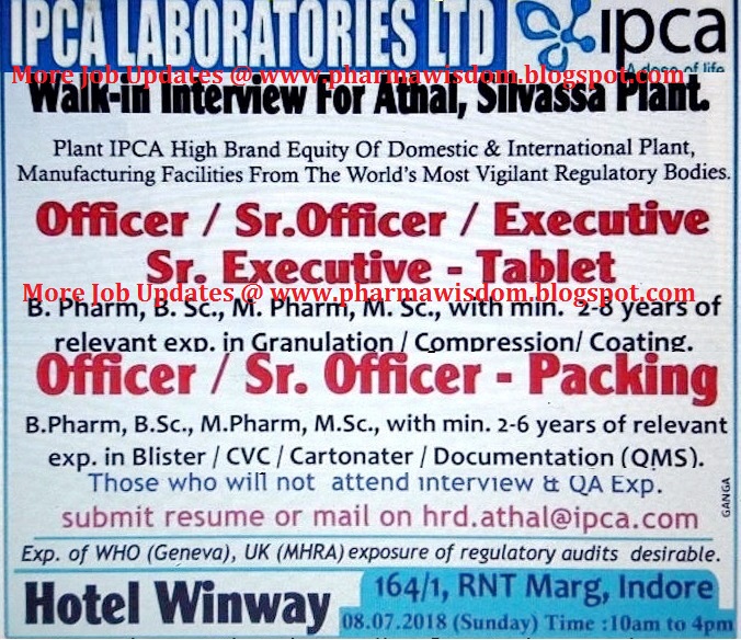 Ipca Laboratories Ltd - Walk-In Interview for Experienced Candidates on ...