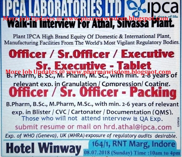 Ipca Laboratories Ltd - Walk-In Interview for Experienced Candidates on ...