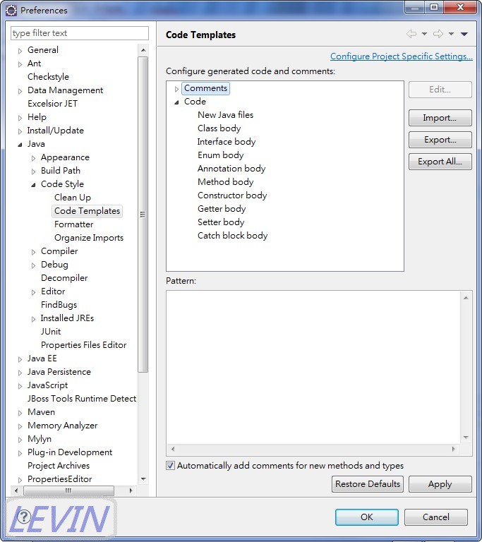 Java程式教學甘仔店: Code templates 的修改